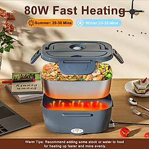 Akhia Electric Lunch Box Food Heater, 60-80W Heated Lunch Boxes for Adults Man Work Car Truck, Portable Food Warmer Heating Lunch Box with 1.5L 304 Stainless Steel Container, 12V/24V/110V