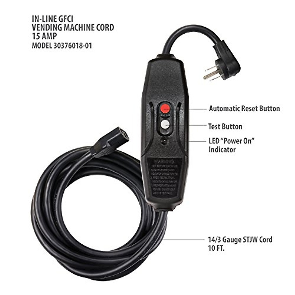 Tower Manufacturing 30376018-01 Auto-Reset 15 AMP Vending Machine GFCI Cord, 10 Feet, Black