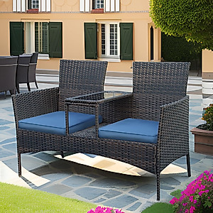 Outdoor Patio Rattan Loveseat with Cushions and Integrated Coffee Table - Weather Resistant 2 Seat Perfect for Garden, Lawn, and Backyard Leisure (Brown Rattan,Dark Blue Cushion)