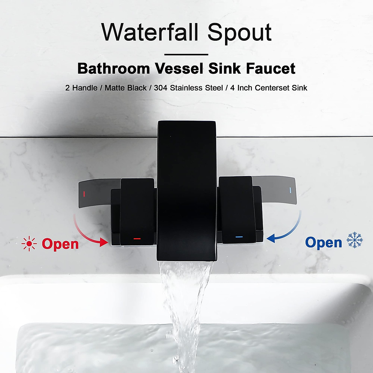 TIORIY Matte Black 2-Handle Bathroom Faucet - 4 Inch Centerset Sink Faucet, 3 Hole Widespread Waterfall Bathroom Sink Faucet, Lavatory Vanity Faucet with Supply, Stainless Steel Washbasin Faucet