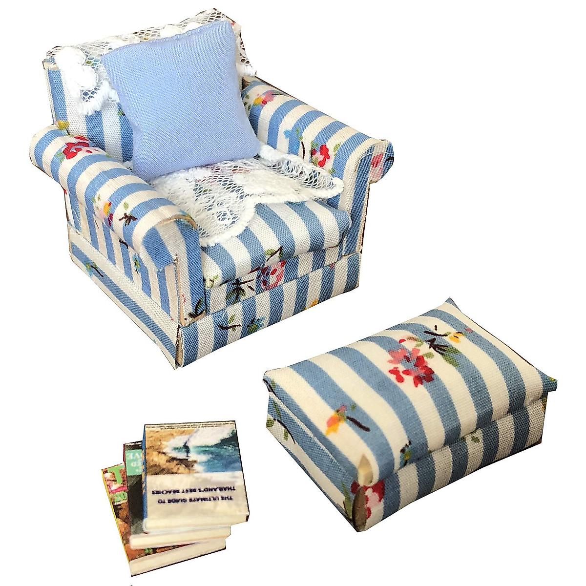Dollhouse DIY Kit, Sofa Chair with Ottoman, Miniature Living Room Furniture Armchair, Blue White Fabric, Accessories for 3 to 4 inch Dolls, 1/24 Scale