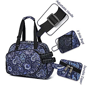 Boulder Bee | Premium Pickleball Bags | PickleBall Tote Bag for Women | Women’s Hand/Shoulder Gym Bag w Water Bottle Holder | With Racquet/Paddle Holder (Blue cashew flower)