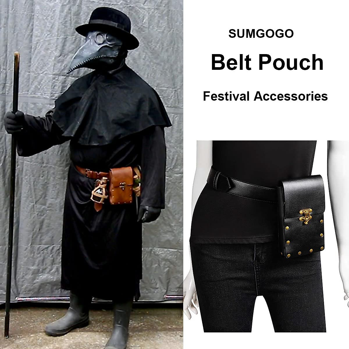 SUMGOGO Retro Belt Pouch Waist Bag Womens Fanny Pack Cellphone Holder Steampunk Medieval Renaissance Purse Costume Accessory (Black)