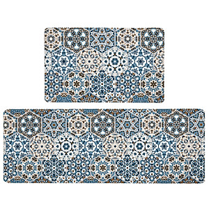 Blue Boho Kitchen Mats Set of 2 Cushioned Anti-Fatigue Kitchen Rugs Waterproof Kitchen Floor Rug Washable Comfort Standing Mat Kitchen Carpet Runner Rug for Sink Laundry,17.3x28+17.3x47 Inch