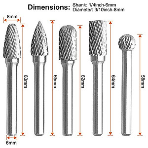 5Pcs Premium Tungsten Steel Carbide Rotary Burr Set, 1/4inch Shank Double Cut Carbide Burr Set, 8MM Head Die Grinder Bits for Die Grinder Drill, DIY Wood-Working Carving, Metal Polishing, Engraving