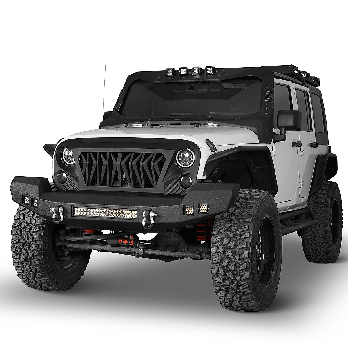 u-Box Front Bumper & Rear Bumper Combo for Jeep Wrangler JK 2007-2018 Textured Black Steel Bumper w/Spare Tire Carrier & 120W LED Light Bar & Receiver Hitch