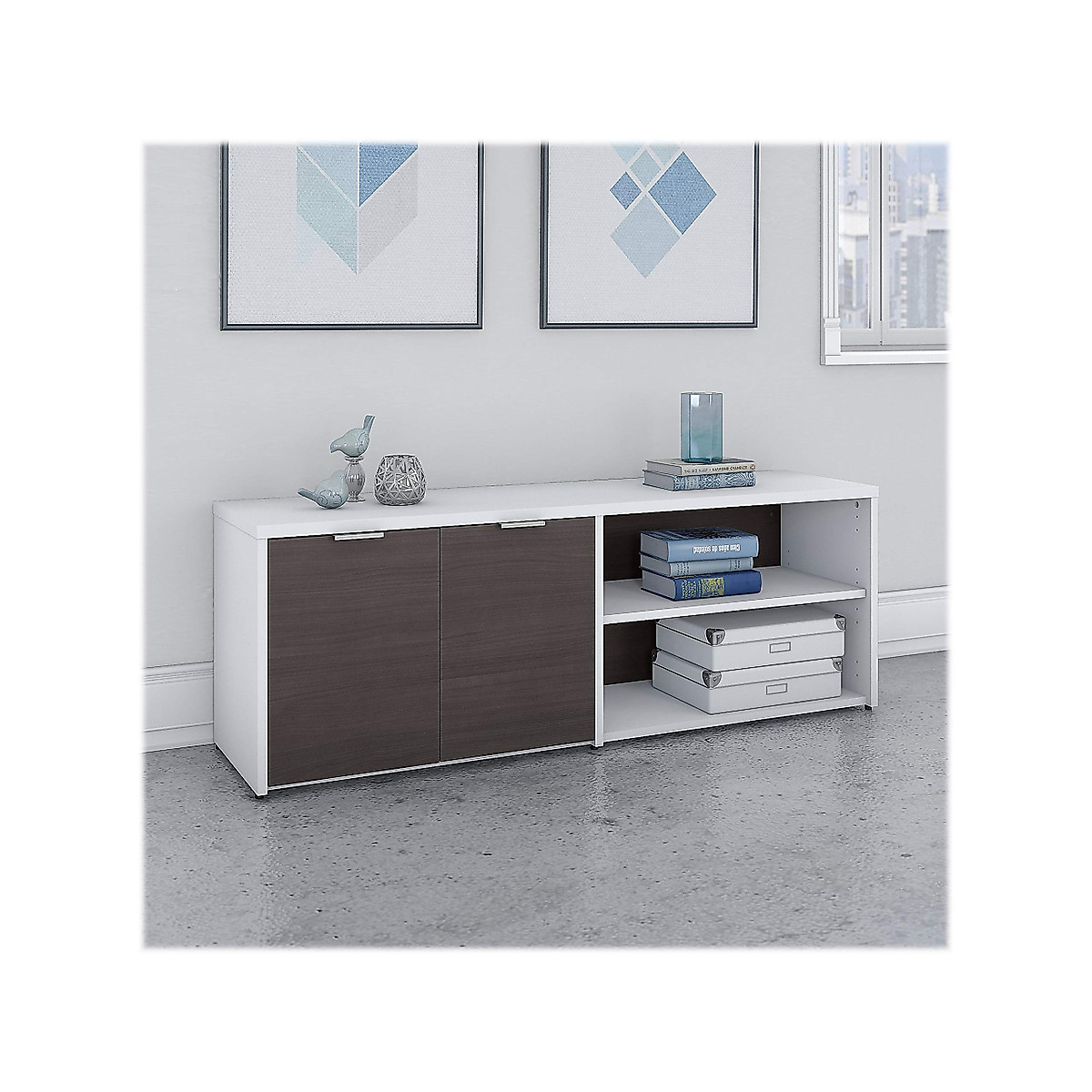 Bush Furniture Low Wide Cabinet with Doors and Shelves | Jamestown Collection Storage Chest with Satin Nickel Handles, 60W, Storm Gray/White
