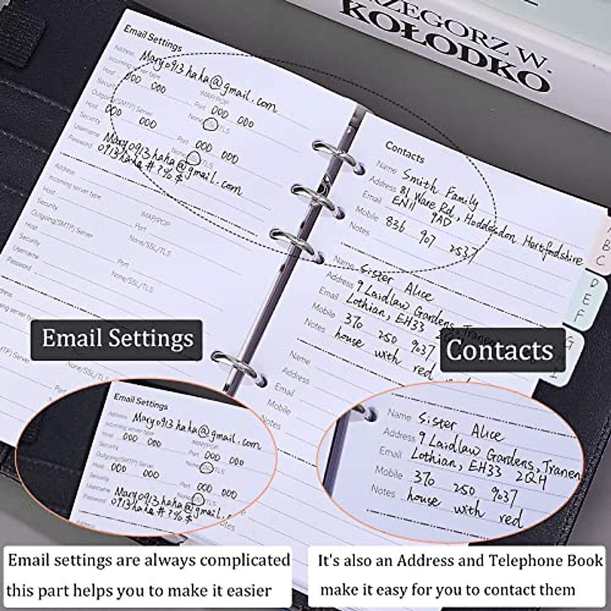 Password Address Book Refill Pages for 6-Ring Refillable Binder Password Address Notebook Replacement Page with 6 Holes 3.9″x 6.7″
