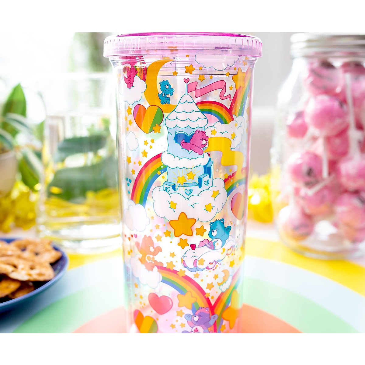 Silver Buffalo Care Bears Rainbow Stars Plastic Carnival Cup, Travel Tumbler With Lid and Reusable Straw | Holds 20 Ounces Yellow