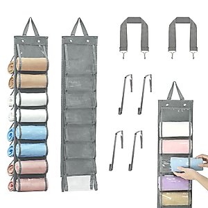 Leggings Storage Hanging Organizer,Storaging Hanger Roll Rack Holder for T-Shirt Jeans Gym Pants,RV Portable Closets Space Saver (Gray, 16 Compartments x 2Pack)