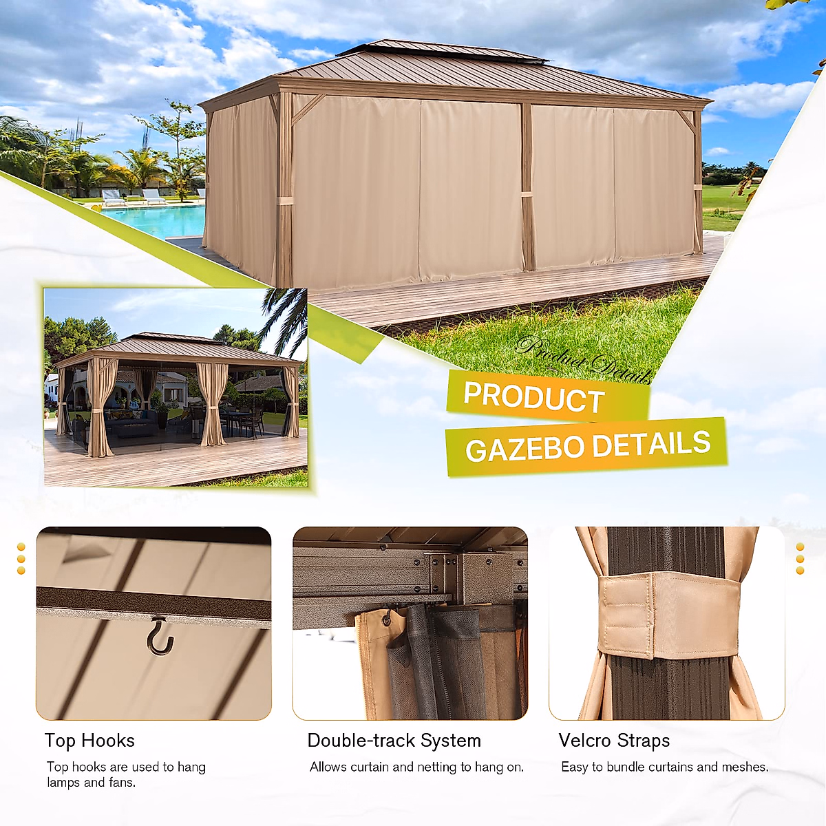 MELLCOM 14'x20' Gazebo, Galvanized Steel Double Roof with Wood Grain Aluminum Frame, Outdoor Permanent Metal Pavilion with Curtains and Nettings for Patio, Backyard and Deck