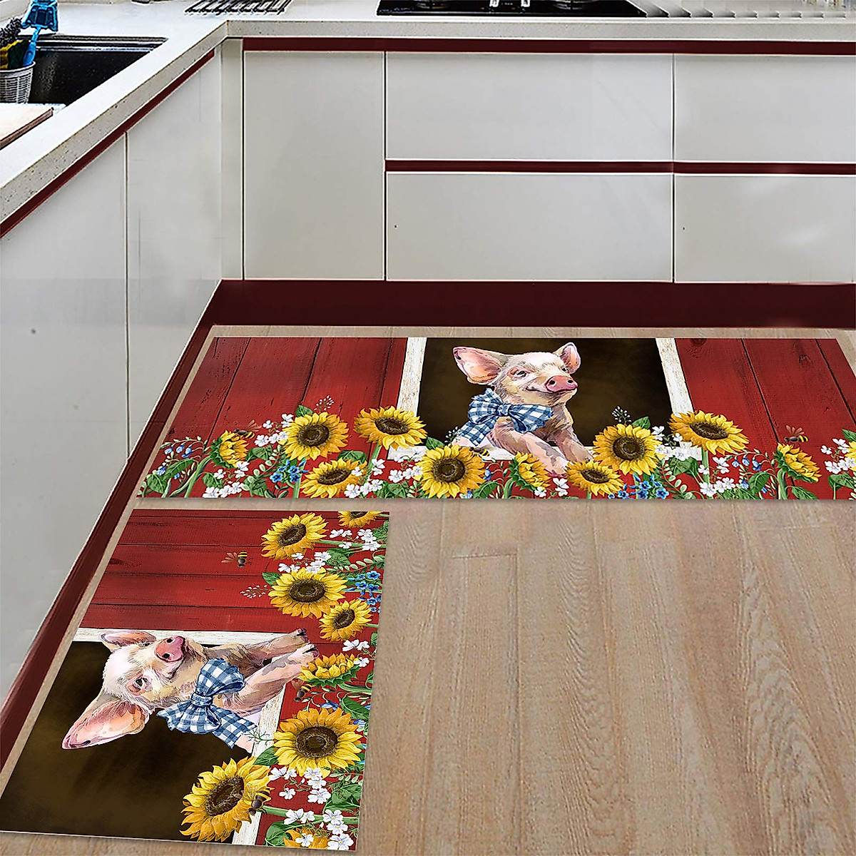 BestLives Kitchen Rug Sets Farmhouse Sunflower Pig 2 Piece Non-Slip Kitchen Mat Rustic Farm Barn Doormat Area Runner Carpet Set Absorbent Bath Floor Mat 15.7x23.6in+15.7x47.2in
