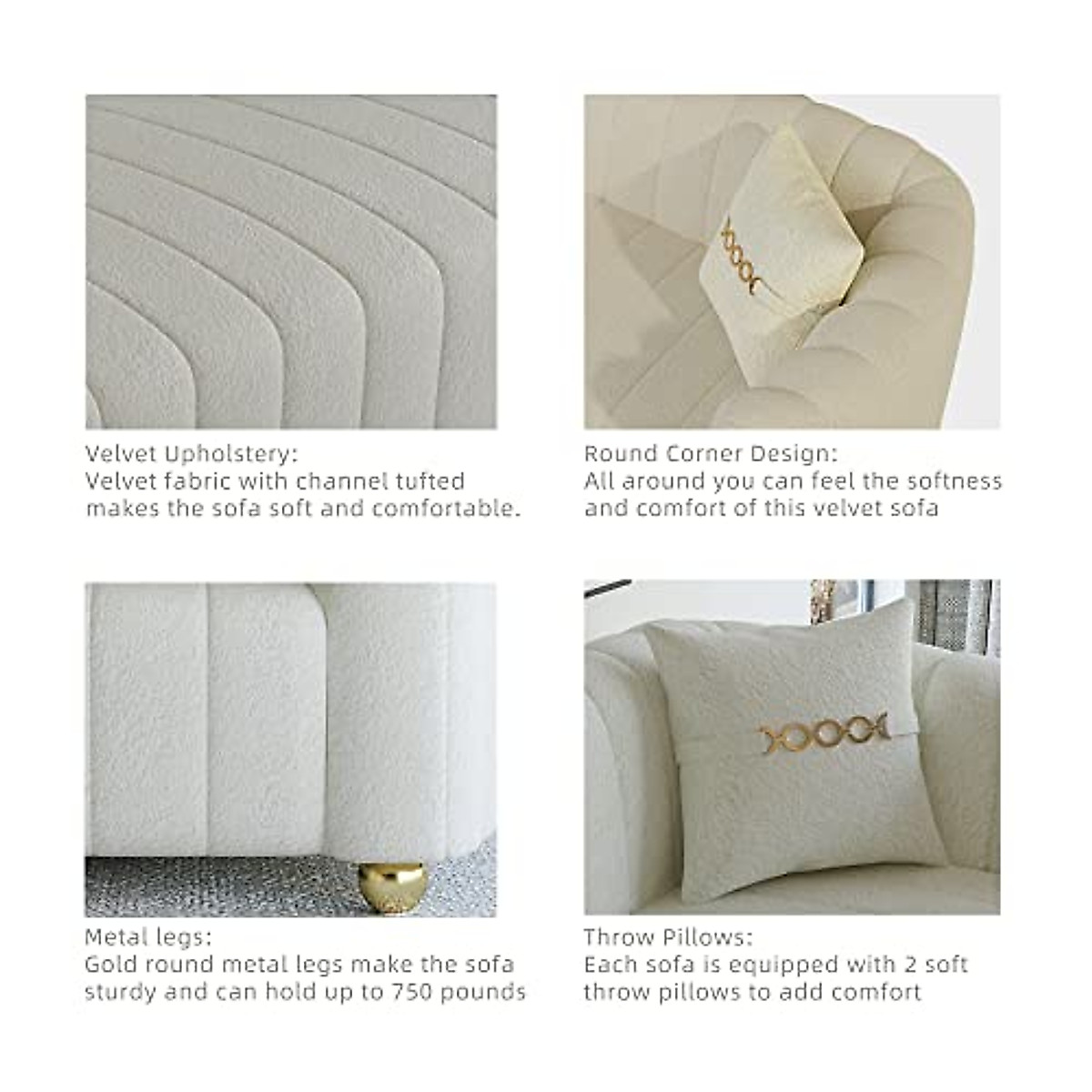 Lkvkvri 83 inch White Velvet Couch Wide Modern Loveseat Chesterfield 3-Seat Couch Sofa 750 lbs Weight Capacity with 2 Throw Pillows for Living Room