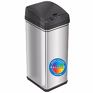 iTouchless 13 Gallon Sensor Trash Can with Odor Control System, Stainless Steel, Auotmatic Touchless Garbage Can for Kitchen and Office (Base Version - No AC Adapter)