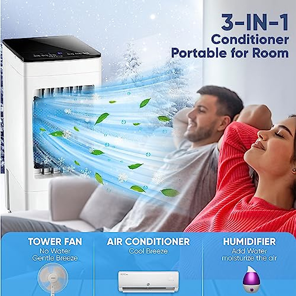 Portable Air Conditioners | 3-IN-1 Air Conditioner Portable for Room | Evaporative Air Cooler AC Unit Swamp Cooler | Portable AC Air Conditioner with Humidifier, Remote, 3 Speed, 8H Timer, Big 8L Tank