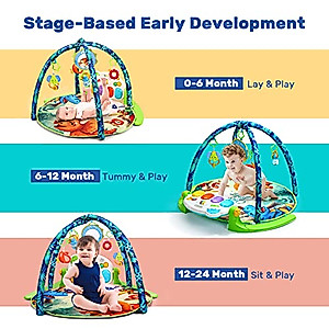 HOLYFUN Baby Gym Play Mat for 0 6 12 Month, Play Piano Keyboard, Tummy Time Playmats, Musical Activity Center with Sensory Teether Baby Toys, Early Learning Gift for Newborn Infants