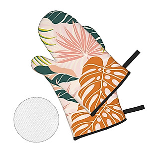 Oven Mitts and Pot Holders Sets 4 Piece, Boho Tropical Leaves and Flowers Pattern Oven Gloves Heat Resistant Non-Slip for Kitchen Cooking Grilling Baking