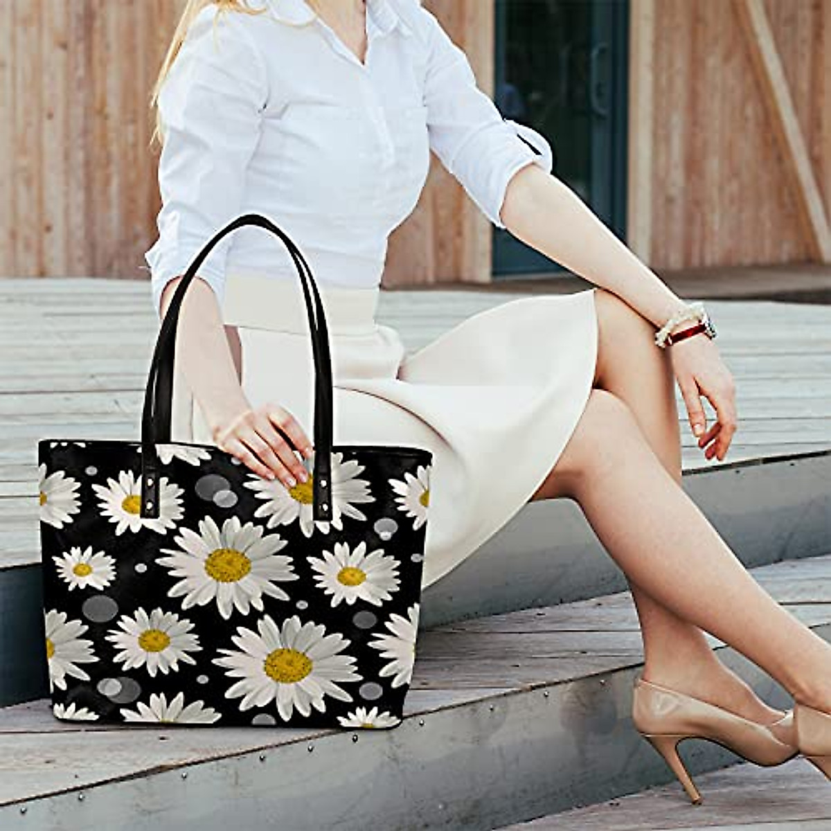 Leather Tote Shoulder Bags for Womens Flower Floral Daisy Handbags Large Capacity with Zipper for Work Travel School Dating Lightweight Water Resistant Hobo Bag