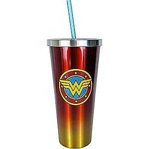 Spoontiques DCStainlessCup Steel Cup with Straw, 24 Oz, Wonder Woman
