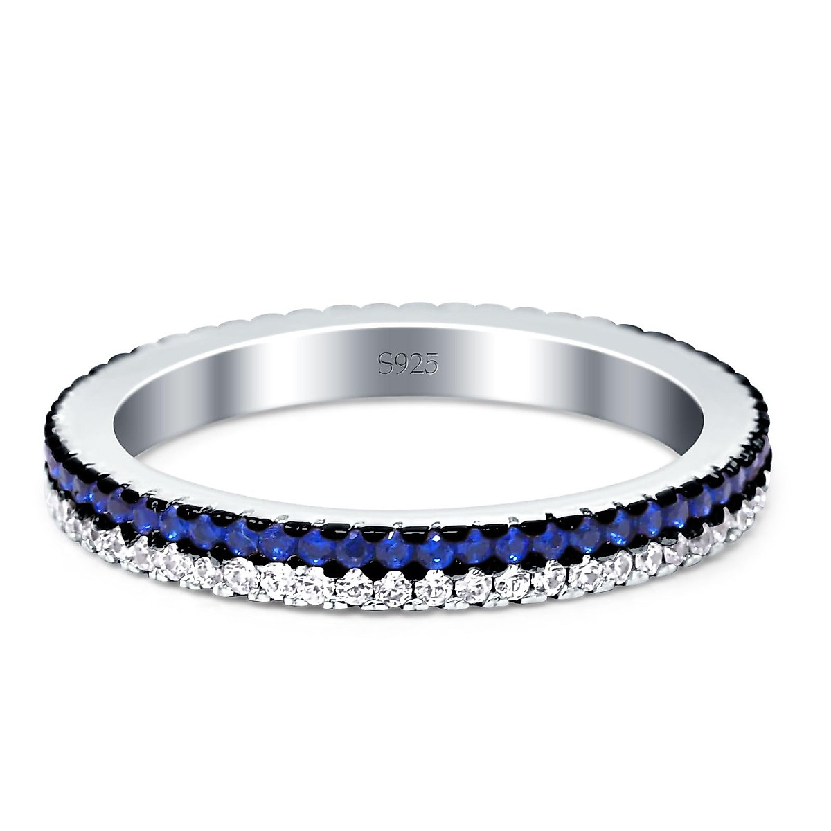 3mm Full Eternity Stackable Thin Blue Line Band Ring Round Simulated Sapphire CZ 925 Sterling Silver, Size-8
