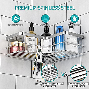 Yazoni Corner Shower Caddy, Adhesive Shower Shelves No Drilling [2-Pack], Rustproof Stainless Steel Bathroom Shower Organizer with 8 Hooks, Shower Shelf for Inside Shower (Silver)