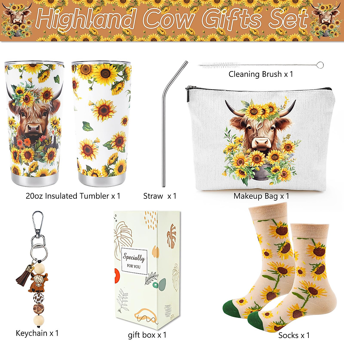 Keluna Highland Cow Gifts for Women - 4Pcs Sunflower Highlandcow Gift, 20oz Highland Cattle Tumbler with Lid Straw Cattle Makeup Bag Keychain Socks for Cow Lovers Girls Birthday Christmas Gifts