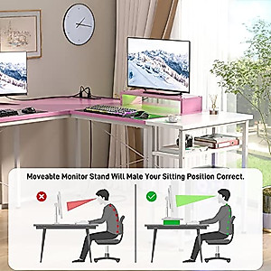Cyclysio L Shaped Desk with Power Outlets and USB Ports, Reversible L Shaped Gaming Computer Desk with LED Light, 83.5'' Large 2 Person Desk with Monitor Stand, L-Shaped Corner Desk, Pink and White