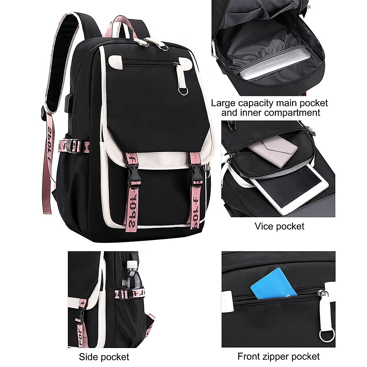 JiaYou Teenage Girls' Backpack Middle School Students Bookbag Outdoor Daypack with USB Charge Port (21 Liters, Black Pink)