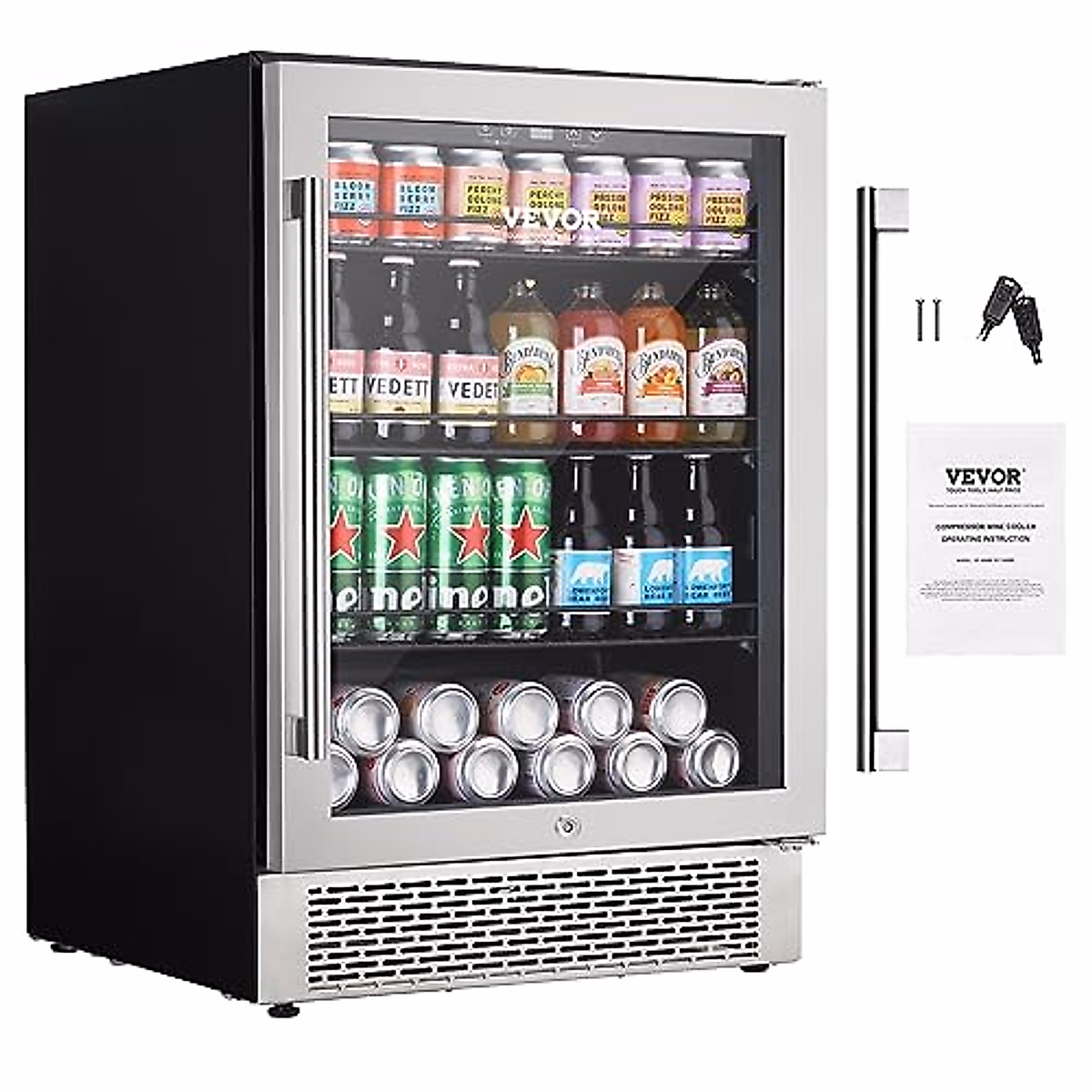 VEVOR Cooler 154 Cans Capacity Refrigerator Under Counter Built-in or Freestanding Beverage Fridge with Blue LED Light, Tempered Glass Door, Child Lock for Drink Soda Wine, Silver
