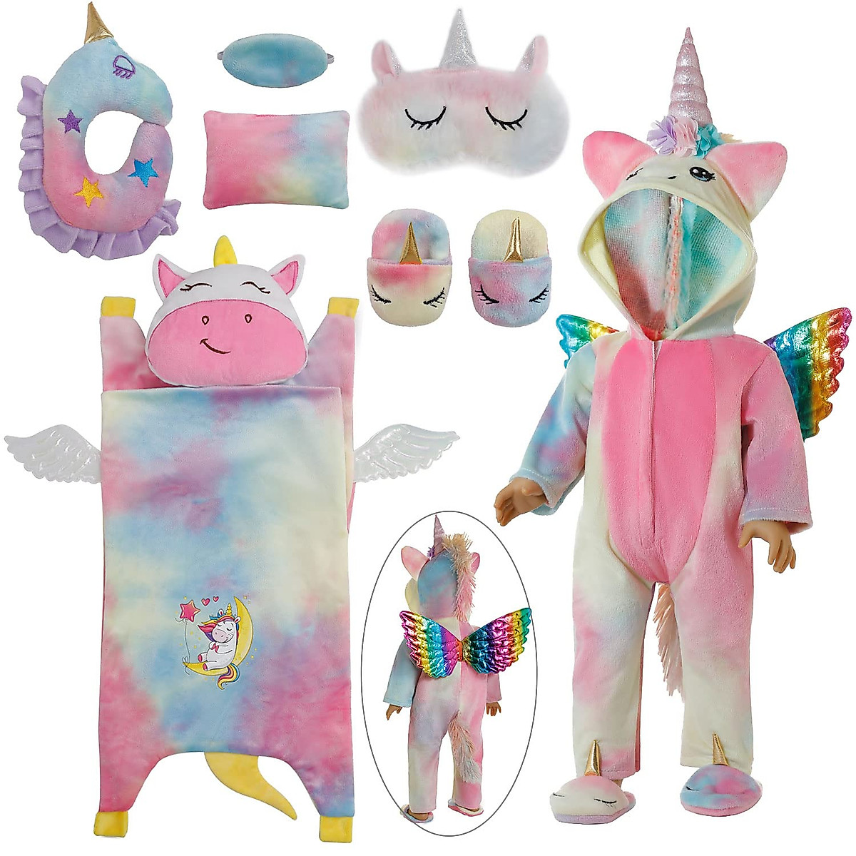 Windolls Girl 18 Inch Doll Sleeping Bag & Clothes Accessories Set - Unicorn Doll Costume with Unicorn Style Sleeping Bag, Eye Masks, Pillow, Slippers - Fits My Life, Generation, Journey Dolls