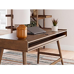 Signature Design by Ashley Lyncott Mid Century 3-Drawer 60" Home Office Desk with Cord Management, Open Cubby and Tapered Legs, Dark Brown