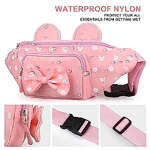 Pink Disney Fanny Pack for Women Teen Girls Minnie Mouse Fanny Pack Cute Bowknot Polka Dot Waist Pack Outdoor Travel Waist Bag Cartoon Hiking Belt Bag Bum Bags with Mouse Ears