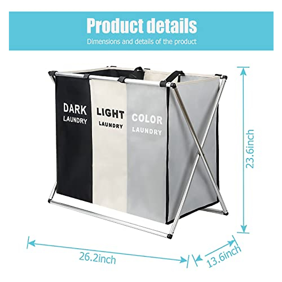 Laundry Cloth Hamper Sorter Basket Bin Foldable 3 Sections with Aluminum Frame 26''×24''H Washing Storage Dirty Clothes Bag for Bathroom Bedroom Home Storage basket (3 Liner, White+grey+black)