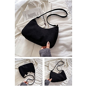 Women Corduroy Shoulder Bag Small Handbag Purse Casual Ladies Satchel Fashion Daily Tote Bag (Black)