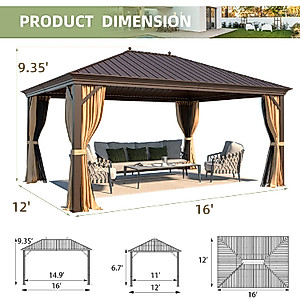 YOLENY 12' X 16' Hardtop Gazebo Galvanized Steel Outdoor Patio Gazebo Canopy Permanent Gazebo with Single Roof Aluminum Frame, Netting & Curtains for Garden, Patio, Lawns, Deck