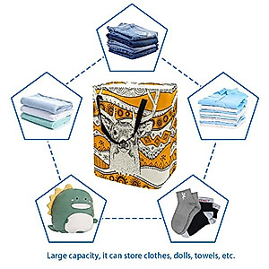 African Deer in Ethnic Tribal Pattern Print Collapsible Laundry Hamper, 60L Waterproof Laundry Baskets Washing Bin Clothes Toys Storage for Dorm Bathroom Bedroom