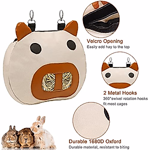 Zhilishu Rabbit Hay Feeder Bag, Hay Feeder for Guinea Pig Timothy Hay Feeder Dispenser Storage with 2 Hanging Hooks for Bunny Small Animal Cage Mess Free (Brown)