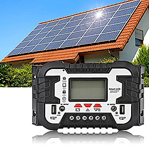 Solar Charge Controller, Solar Charge Controller MPPT Dual USB LCD Display 2.4A 12V24V IP32 Waterproof (50A)