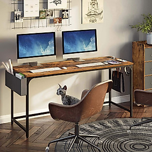 Rolanstar Computer Desk with Power Outlet, 63” Home Office PC Desk with USB Ports Charging Station, Desktop Table with Side Storage Bag and Iron Hooks, Stable Metal Frame Workstation, Rustic Brown