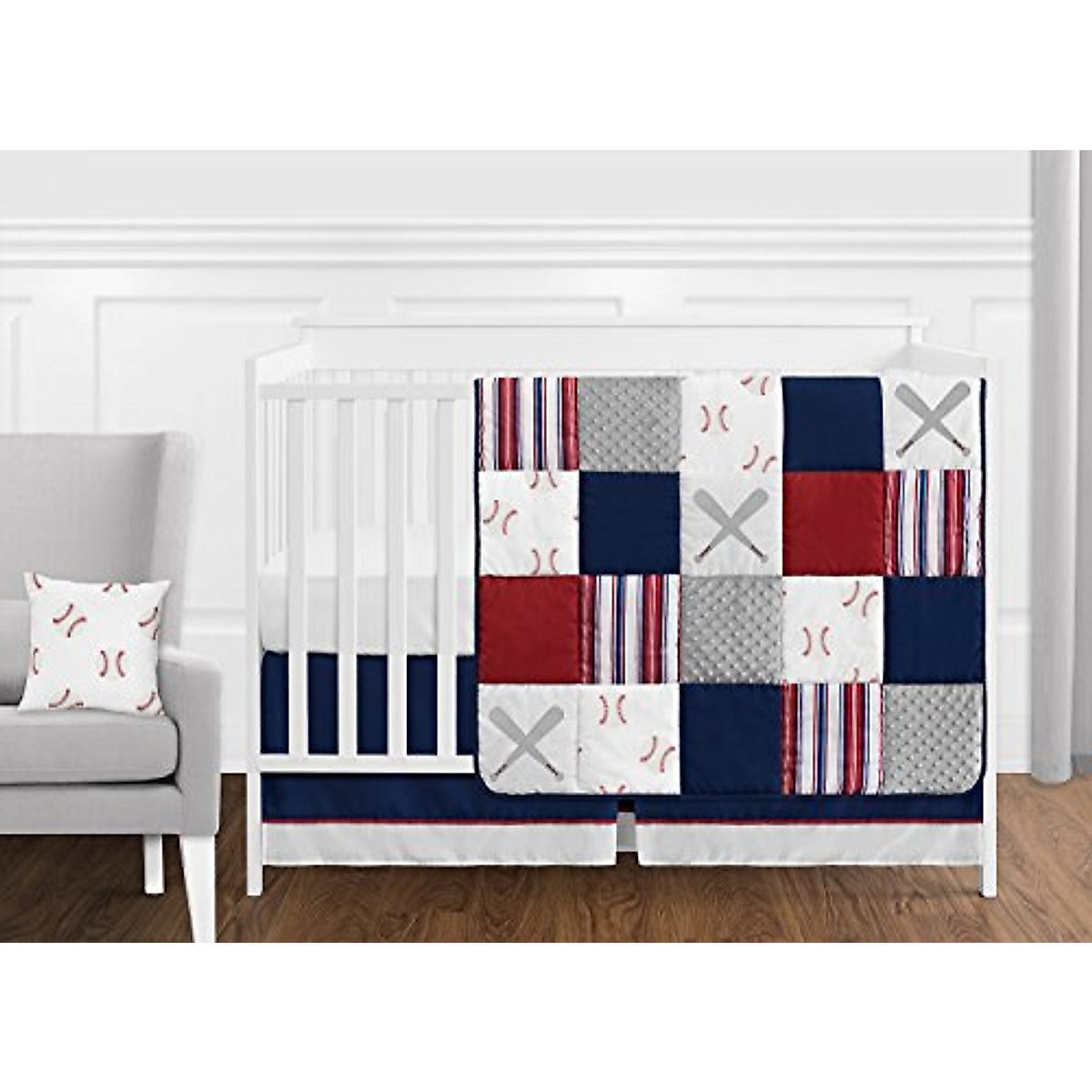 Sweet Jojo Designs Red, White and Blue Baseball Patch Sports Baby Boy Crib Bedding Set - 11 Pieces - Grey Patchwork Stripe