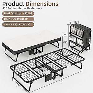 Folding Bed with Mattress - 5.2" Thick Luxurious Memory Foam, 75" Lx31 W, Portable Foldable Roll Away Adults Bed for Guest, Storage Cover Included, Metal Folding Frame, can Hold up to 450 lbs