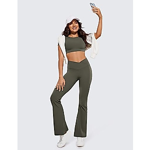CRZ YOGA High Waist Crossover Flare Leggings for Women 31" - Bootcut Bell Bottoms V Cross Yoga Pants Light Army Green Medium