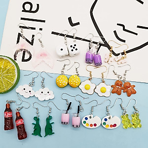 WAINIS 24 Pairs Cute Earrings Weird Earrings Funny Goldfish Earrings Water Bottle Earrings Milk Tea Dangle Earrings for Women