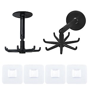 NORXUAZE Kitchen Wall Shelf Hooks,Under Cabinet Kitchen Utensil Hooks,Side Hanging 360° Rotating with 7 Hooks,Drilling Free Adhesive Utensils Rack for Tools/Towel/Oven Mitts/Bathroom, 2pcs(Black)