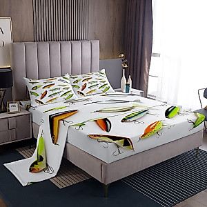 Fishing Sheet Set Fishing Outdoor Sports Bed Sheets for Kids Boys Girls Fish Hook Bait Print Bed Set Colorful Decor Sheets Room 3Pcs Twin Size
