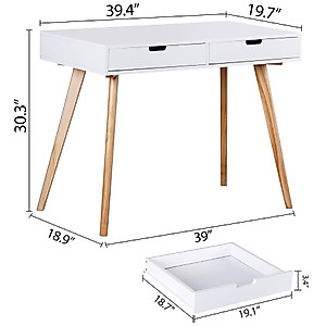 SUPER DEAL Mid Century Writing Computer Desk, Modern Home Office Laptop PC Desk with Two Storage Drawers & Solid Wood Legs, Console Table Makeup Vanity Table for Bedroom