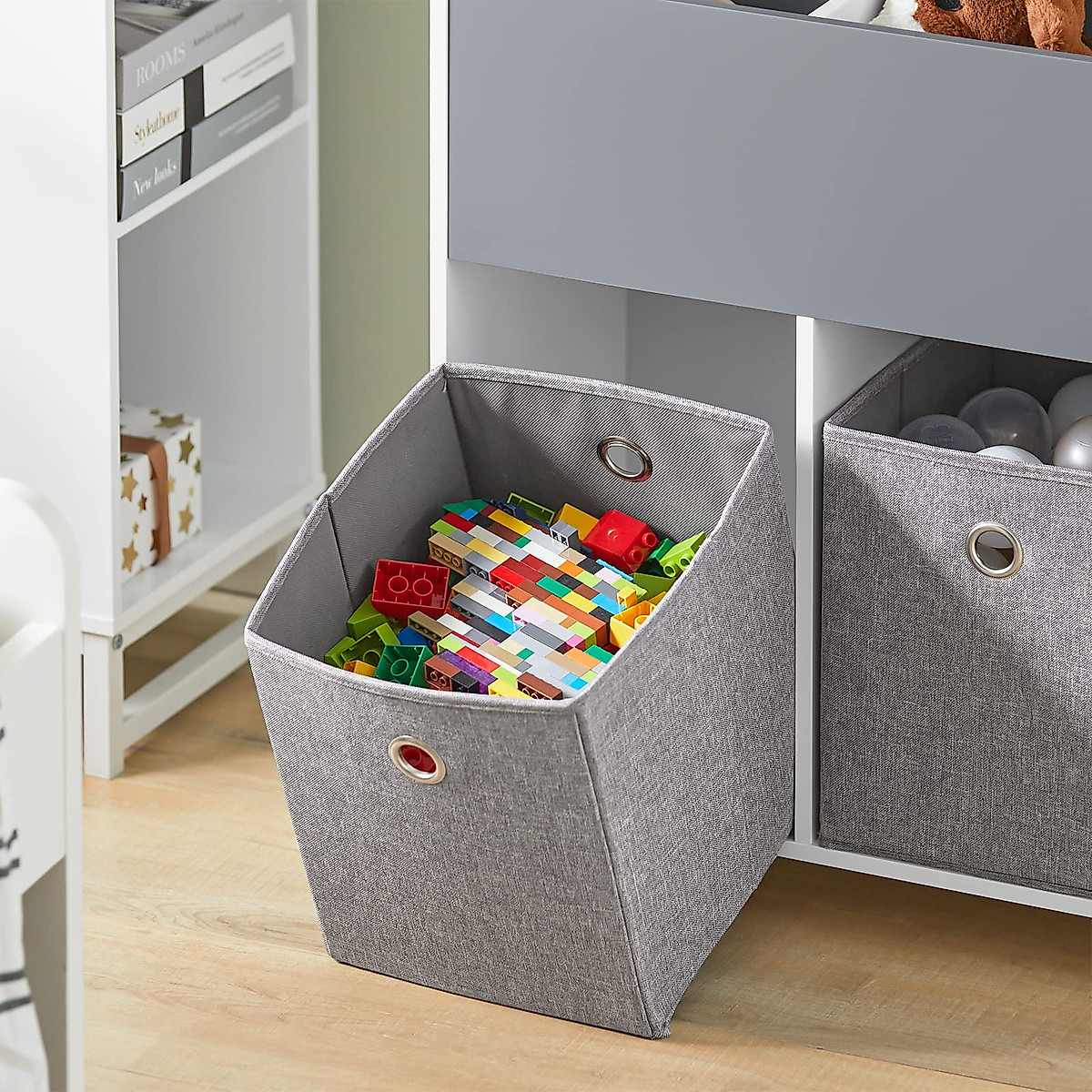 Haotian Kids Toy Storage Organizer Cart, Bookshelf with 3 Baskets & Wheels Children Toddlers Bookcase Playroom Nursery, Grey, KMB61-HG