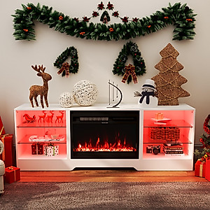 COCO DESIGN Fireplace TV Stand with 23" Fireplace, Electric Fireplace TV Console for TVs up to 75", LED Lights Wood and Glass Entertainment Center & Remote Control, White