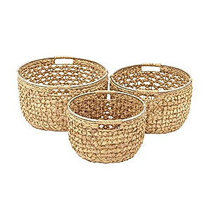 Deco 79 Seagrass Handmade Storage Basket with Metal Handles, Set of 3 15", 17", 19"W, Light Brown