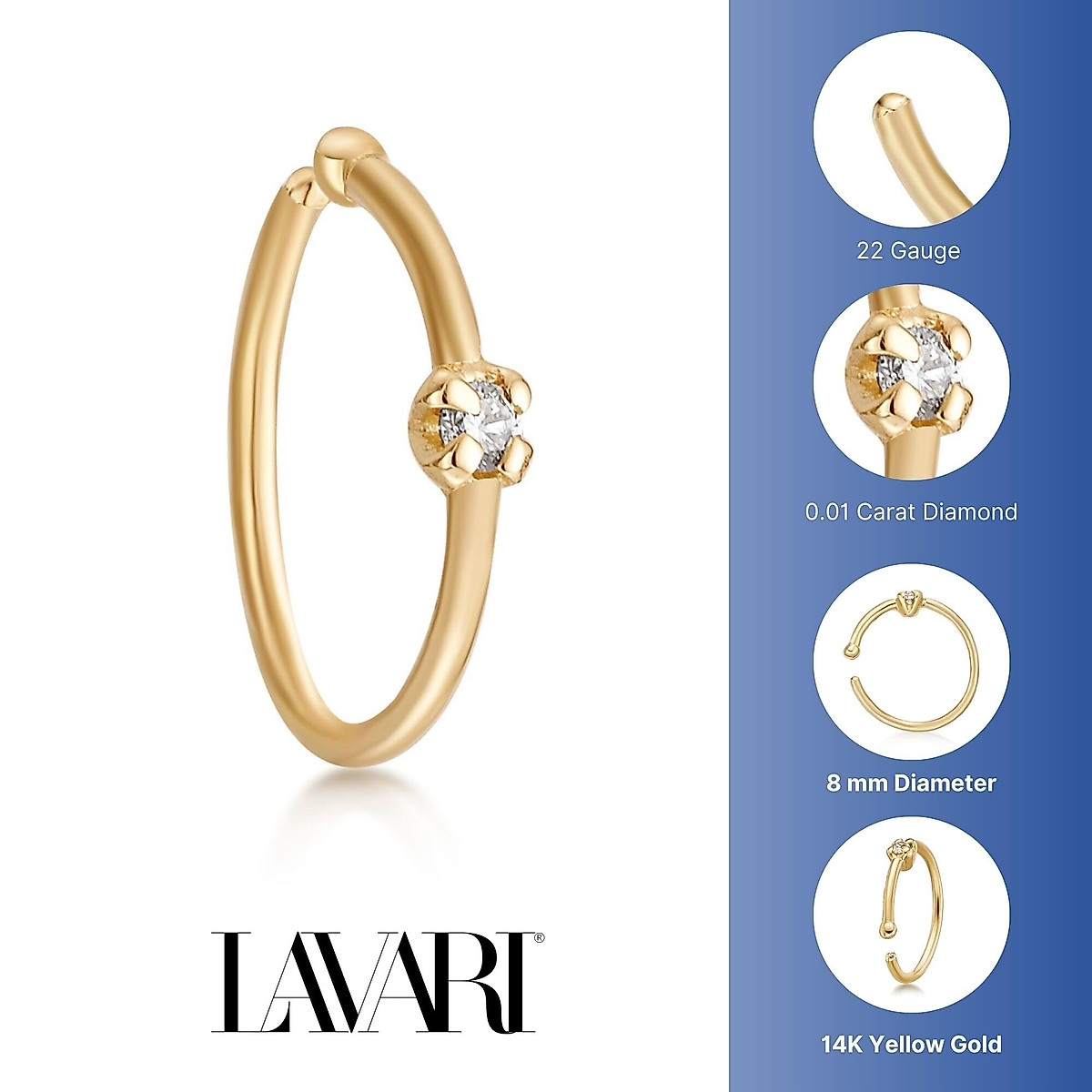 22 Gauge Open Hoop Nose Ring for Women I .01 Carat Diamond Nose Ring for Her I 14k Yellow Gold Nose Ring I 1.3mm Unisex Stud Hypoallergenic Nostril Piercing Jewelry I 22G Body Piercing Lavari Jewelers